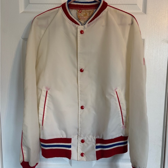 Jackets & Coats | 5s Style Cream Varsity Jacket With Red And Blue ...